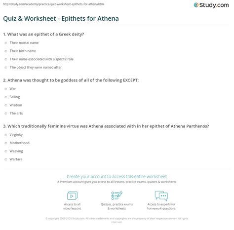 Quiz And Worksheet Epithets For Athena