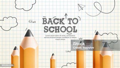체크 무늬 종이에 연필로 학교 웹 배너로 돌아 가기 낙서 구름 그리기 벡터 일러스트 레이 션 신학기에 대한 스톡 벡터 아트 및 기타 이미지 Istock