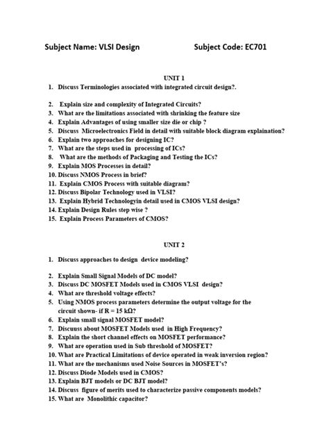 vlsi questions unit wise pdf mosfet cmos