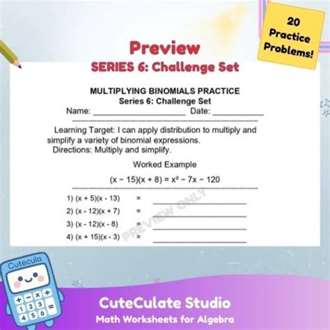 Multiplying Binomials Worksheet Challenge Set 20 Problems Tpt