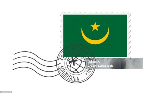 모리타니 우표 흰색 배경에 분리된 모리타니 국기가 있는 엽서 벡터 그림 고무도장에 대한 스톡 벡터 아트 및 기타 이미지 고무