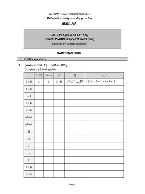 Math Aa 111 112 Complex Numbers Cartesian Form Pdf Equations