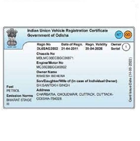 Vehicle Registration Certificate RC CARD PVC CARD I CAFE