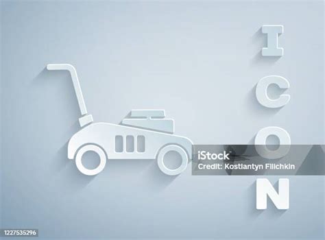 회색 배경에 격리 된 종이 컷 잔디 깎는 기계 아이콘 잔디 깎는 잔디를 절단 잔디 종이 아트 스타일입니다 벡터 일러스트레이션 3차원 형태에 대한 스톡 벡터 아트 및 기타