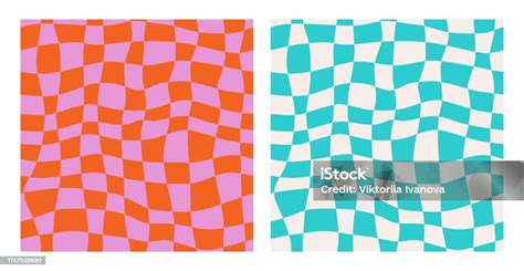 재미있는 행복한 데이지 체스와 함께 그루비 매끄러운 패턴 트렌디한 복고풍 트리피 스타일의 벡터 배경 세트 히피 60년대 70년대 스타일 1960 1969 년에 대한 스톡