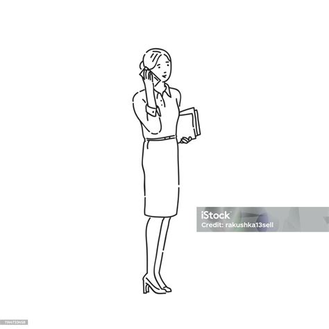 전화로 얘기 하는 비즈니스 우먼 라인 아트 스타일 문자 벡터 블랙 화이트 고립 된 그림 라인아트에 대한 스톡 벡터 아트 및 기타