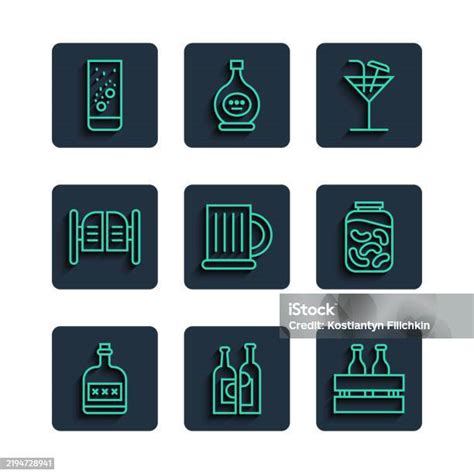 세트 라인 알코올 음료 럼 병 와인 병 팩 맥주 병 칵테일 나무 머그잔 술집 문 발포성 정제 물 및 절인 오이 항아리 아이콘 벡터 0명에 대한 스톡 벡터 아트 및 기타