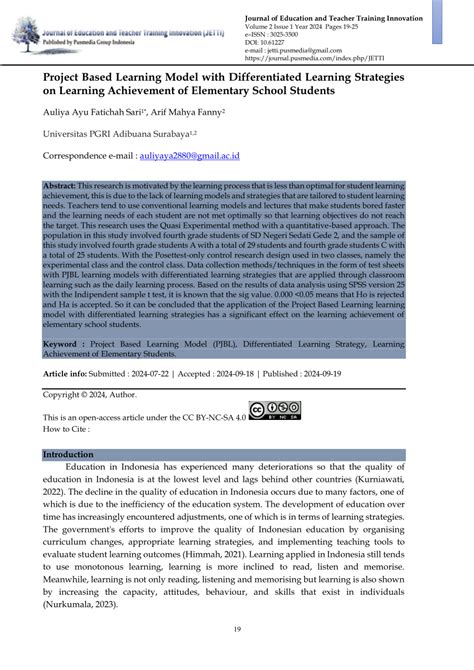 Pdf Project Based Learning Model With Differentiated Learning Strategies On Learning