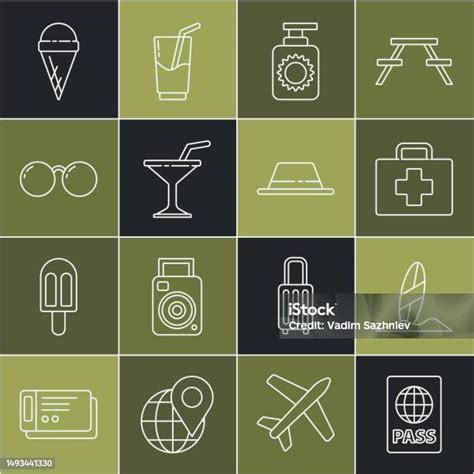 세트 라인 여권 서핑 보드 응급 처치 키트 자외선 차단제 스프레이 병 마티니 유리 안경 아이스크림 와플 콘 및 리본 아이콘이 있는 남자 모자 벡터 0명에 대한 스톡 벡터