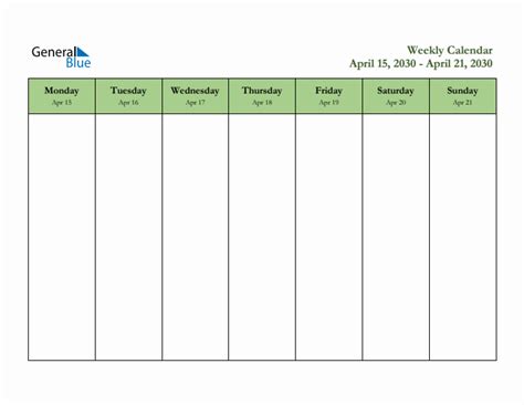 Weekly Planner Template April 15 April 21 2030