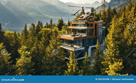 Luxury House In Forest Private Helicopter On The Roof Of House Ai