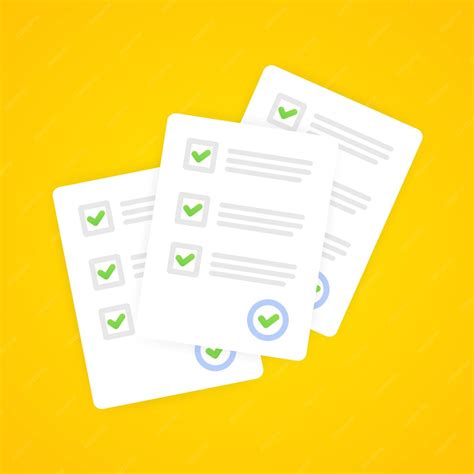 설문 조사 또는 시험 양식 용지에는 답변 체크리스트 퀴즈 및 성공 결과 평가가 쌓여 있습니다 교육 테스트 아이디어 설문지 문서 벡터 일러스트 레이 션 Eps 10