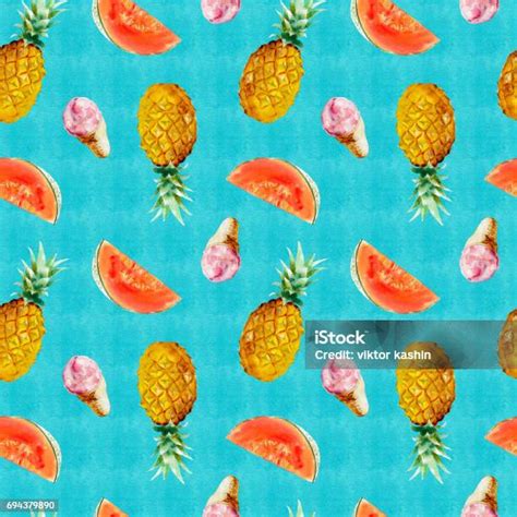 파인애플 빨간 멜론과 아이스크림 밝은 파란색 배경에 수채화 완벽 한 패턴입니다 손으로 그린 수채화 그림 고전 양식에 대한 스톡 벡터 아트 및 기타 이미지 Istock