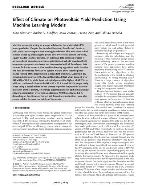 Pdf Effect Of Climate On Photovoltaic Yield Prediction Using Machine Learning Models