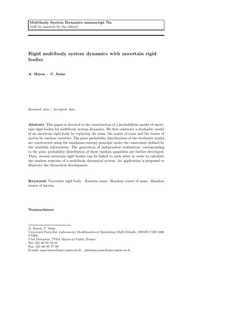 Pdf Rigid Multibody System Dynamics With Uncertain Rigid Bodies