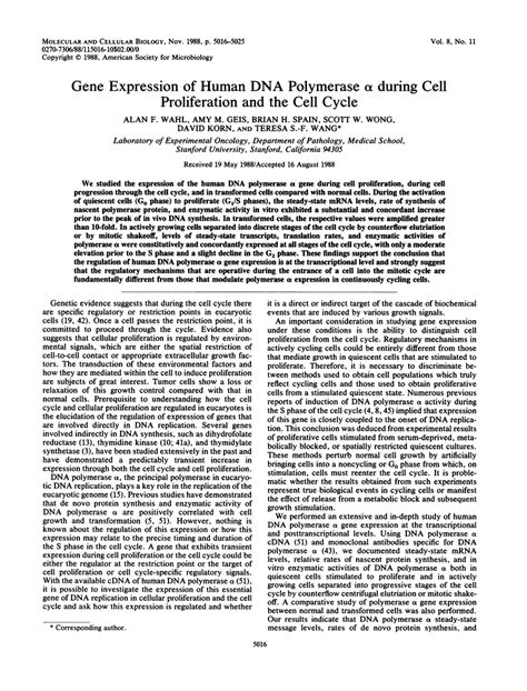 Gene Expression Of Human Dna Polymerase Alpha During Cell Proliferation