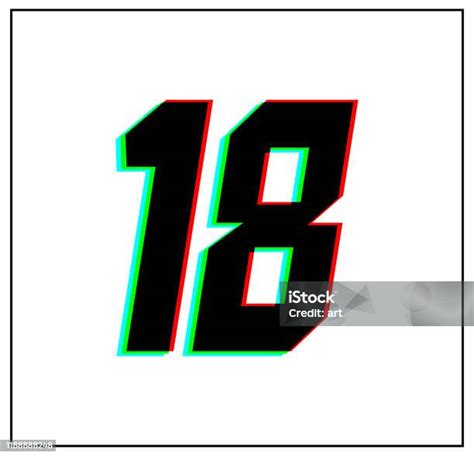 번호 18 동적 분할 색상 디자인 및 벡터 글꼴 숫자 파란색 녹색 빨간색의 그림자 이븐 검은 얇은 프레임과 흰색 배경에 0명에