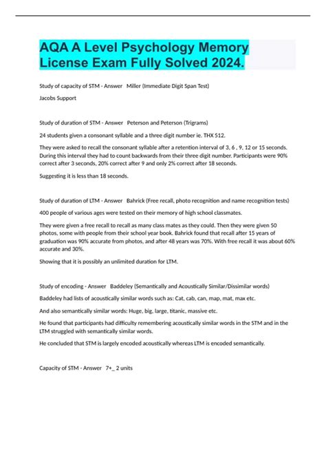 Aqa A Level Psychology Memory License Exam Fully Solved 2024 Aqa A Level Psychology Stuvia Us