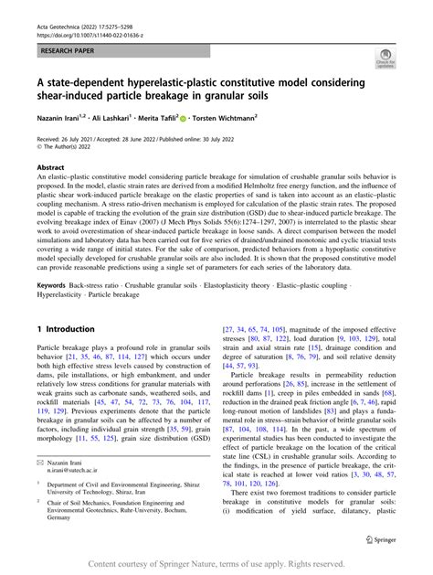 Pdf A State Dependent Hyperelastic Plastic Constitutive Model Considering Shear Induced