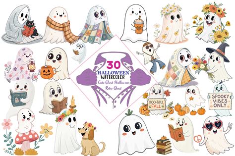 Cute Ghost Halloween Retro Ghost Clipart Graphic By Purmoon Studio