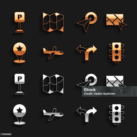 비행기 도시지도 내비게이션 신호등 도로 교통 표지판 별이있는지도 포인터 도시 인포 그래픽 주차 및 접힌 아이콘을 설정합니다 벡터