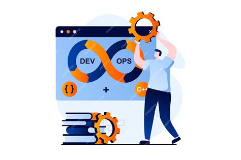 플랫 만화 디자인의 사람 장면이 포함된 Devops 개념 Man은 프로세스를 생성하는 소프트웨어를 최적화하여 회사의 개발 작업