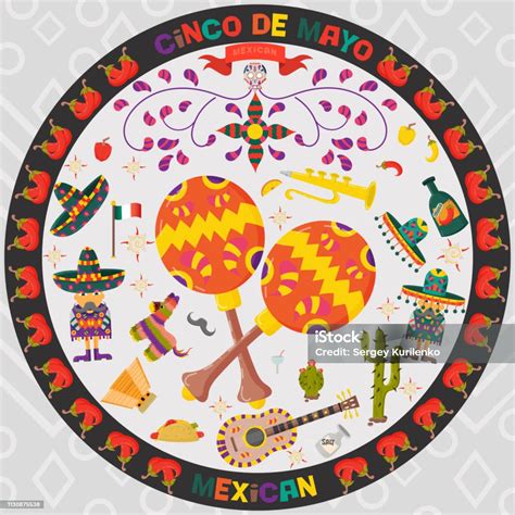 평면 스타일의 Cinco 드 마요 축 하의 원형 Ornament3on 멕시코 테마에서 벡터 디자인 0명에 대한 스톡 벡터 아트 및 기타 이미지 Istock