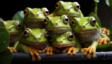 Green Toad Sitting On Wet Leaf Looking Generated By Ai Stock Image