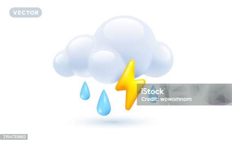 벡터 날씨 비오는 폭풍우 날 그림자가 있는 흰색 배경에 솜 털 구름과 빗방울이 있는 노란색 번개 그림입니다 번개와 비와 뇌우 구름의 3d 만화 스타일 디자인 0명에 대한