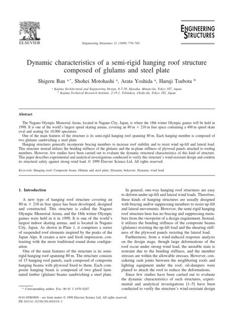 Dynamic Characteristics Of A Semi Rigid Hanging Roof Structure Composed Of Glulams And Steel