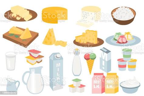 플랫 만화 디자인으로 설정된 우유 제품 치즈의 다른 유형 그릇에 코티지 치즈 용기 또는 유리우유 용기 아이스크림 디저트 다양한 포장 요구르트 벡터 일러스트레이션 야쿠르트에