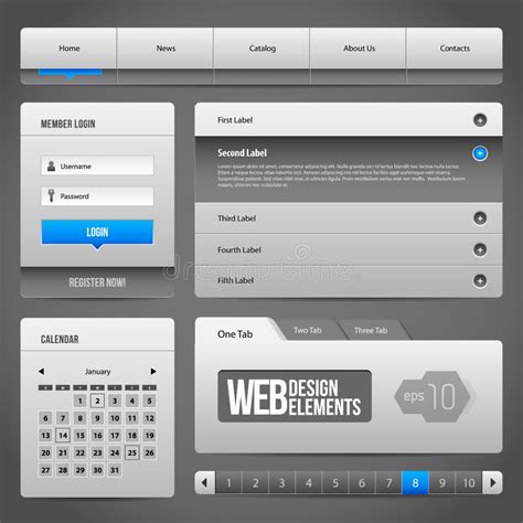Web Ui Controls Elements Gray And Blue On Dark Background Stock Vector Illustration Of