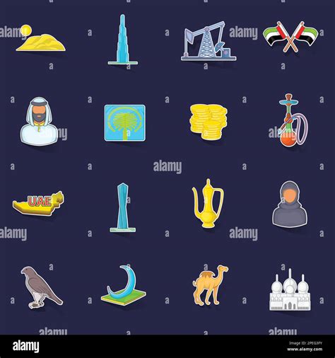 Uae Icons Set Stikers Collection Vector With Shadow On Purple Background Stock Vector Image