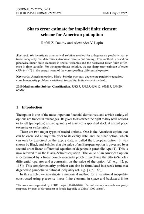 Pdf Sharp Error Estimate For Implicit Finite Element Scheme For American Put Option