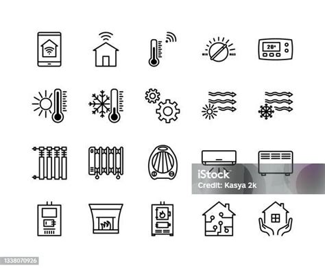 온도 조절 플랫 라인 아이콘 세트입니다 난방 환기 및 에어컨 기호 클리닉 웹 사이트 또는 모바일 앱에 대한 간단한 평면 벡터 일러스트레이션 아이콘에 대한 스톡 벡터 아트 및