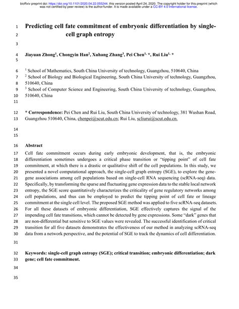 Pdf Predicting Cell Fate Commitment Of Embryonic Differentiation By Single Cell Graph Entropy