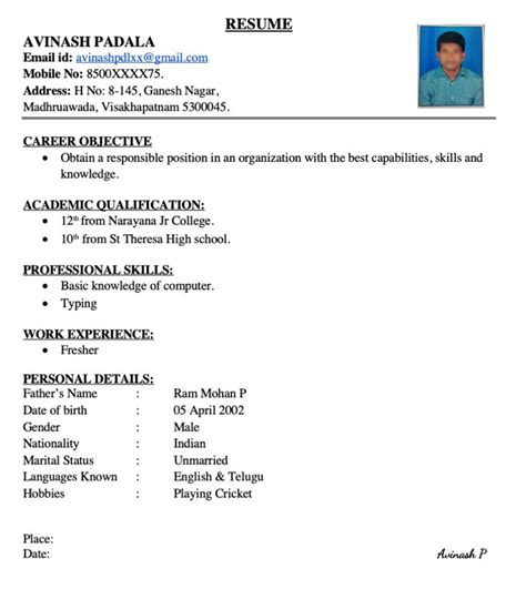 Simple Resume Formats For Freshers In Word Free Download