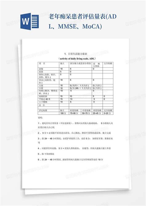 老年痴呆患者评估量表 adlmmsemoca Word模板下载 编号qkjazdnj 熊猫办公