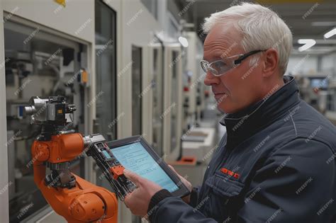 Premium Photo Engineer Manager Monitors And Controls Robotic Arm Automation System In Factory