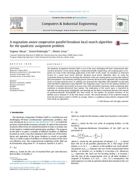 Pdf A Stagnation Aware Cooperative Parallel Breakout Local Search Algorithm For The Quadratic