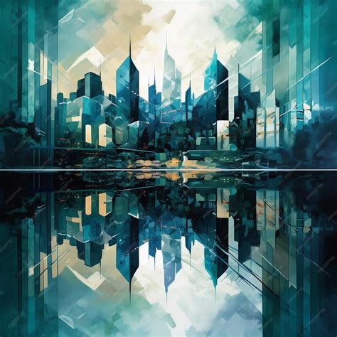 A Cityscape With A Reflection Of A City In The Water Premium Ai