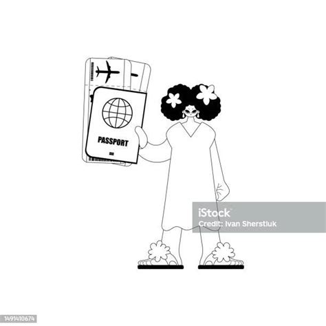 홍수에 휩싸인 여성은 티켓에 대한 대화와 함께 비자를 들고 있습니다 관광 과목 절망적이고 하얀 선의 장인 정신 트렌디한 스타일 벡터 일러스트레이션 Health에 대한 스톡