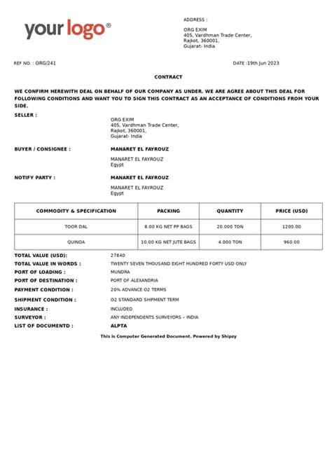 Export Contract Document Shipzy