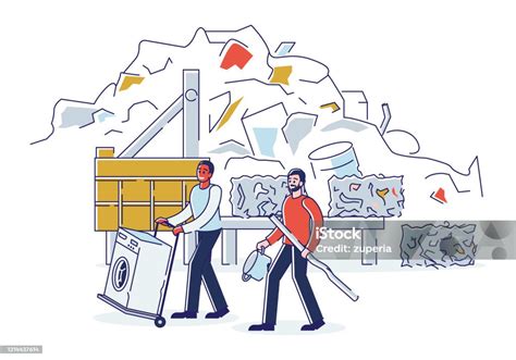 스크랩 금속 개념 사람들은 오래된 금속 물건과 깨진 세탁기를 금속 재활용 공장에 카트에 가져온다 재활용 및 환경 보호 만화 선형 윤곽선 평면 벡터 일러스트 산더미에 대한