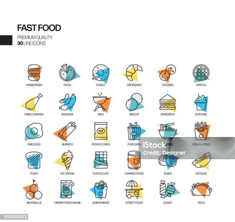 패스트 푸드 관련 스포트라이트 벡터 라인 아이콘의 간단한 세트입니다 윤곽선 기호 컬렉션입니다 스낵에 대한 스톡 벡터 아트 및 기타 이미지 Istock