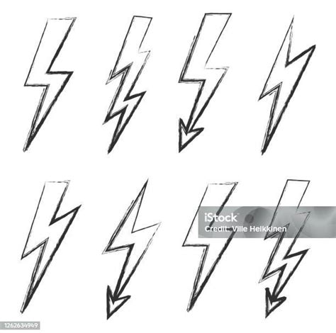 번개 볼트 윤곽선 아이콘 플래시 컬렉션 전원 기호 로고 세트 벡터 일러스트 이미지입니다 흰색 배경에 격리 검은색에 대한 스톡 벡터 아트 및 기타 이미지 Istock