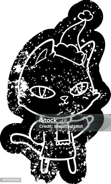 산타 모자를 쓰고 쳐다보는 고양이의 기발한 만화 고민 아이콘 고양이 새끼에 대한 스톡 벡터 아트 및 기타 이미지 고양이 새끼 귀여운 그런지 이미지 기법 Istock