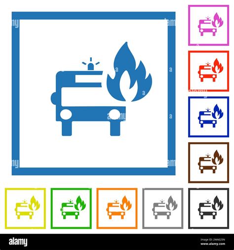 Fire Engine With Flame Flat Color Icons In Square Frames On White Background Stock Vector Image