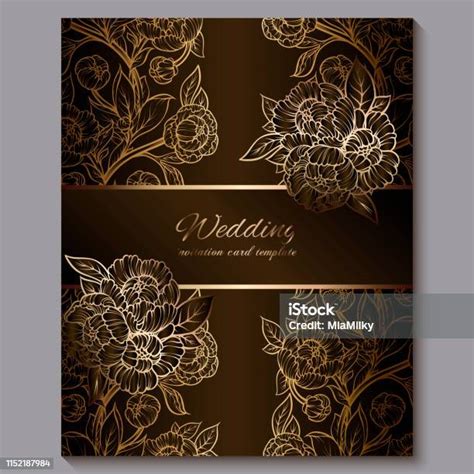 절묘 한 초콜릿 로얄 럭셔리 웨딩 초대장 텍스트에 대 한 프레임과 장소 골드 꽃 배경 황금 반짝 그라데이션 장미 또는 모란으로 만든 레이스 단풍 0명에 대한 스톡 벡터 아트