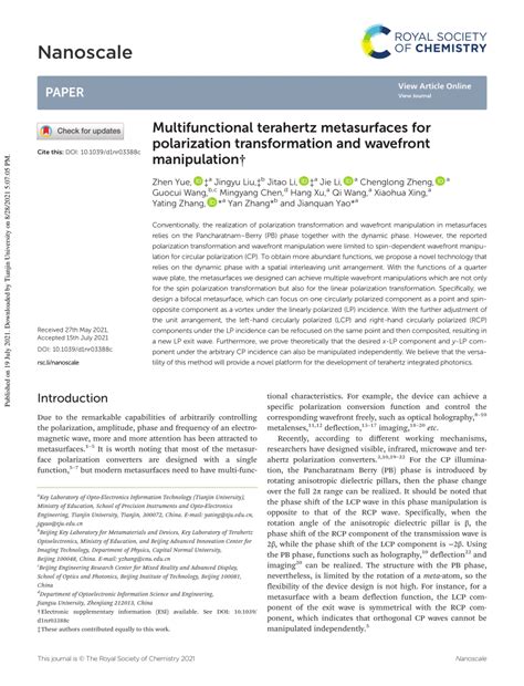 Pdf Multifunctional Terahertz Metasurfaces For Polarization